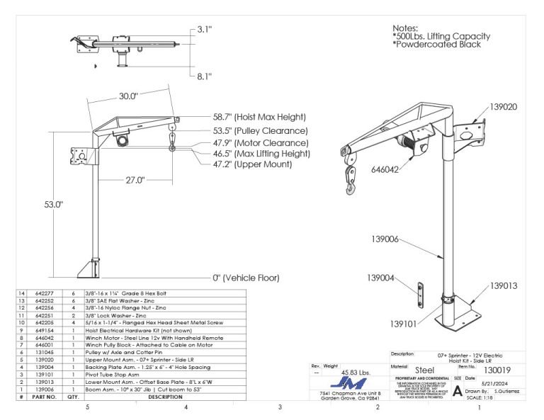 Sprinter – Low Roof Side Door Electric Hoist Kit SKU: 130019 ...